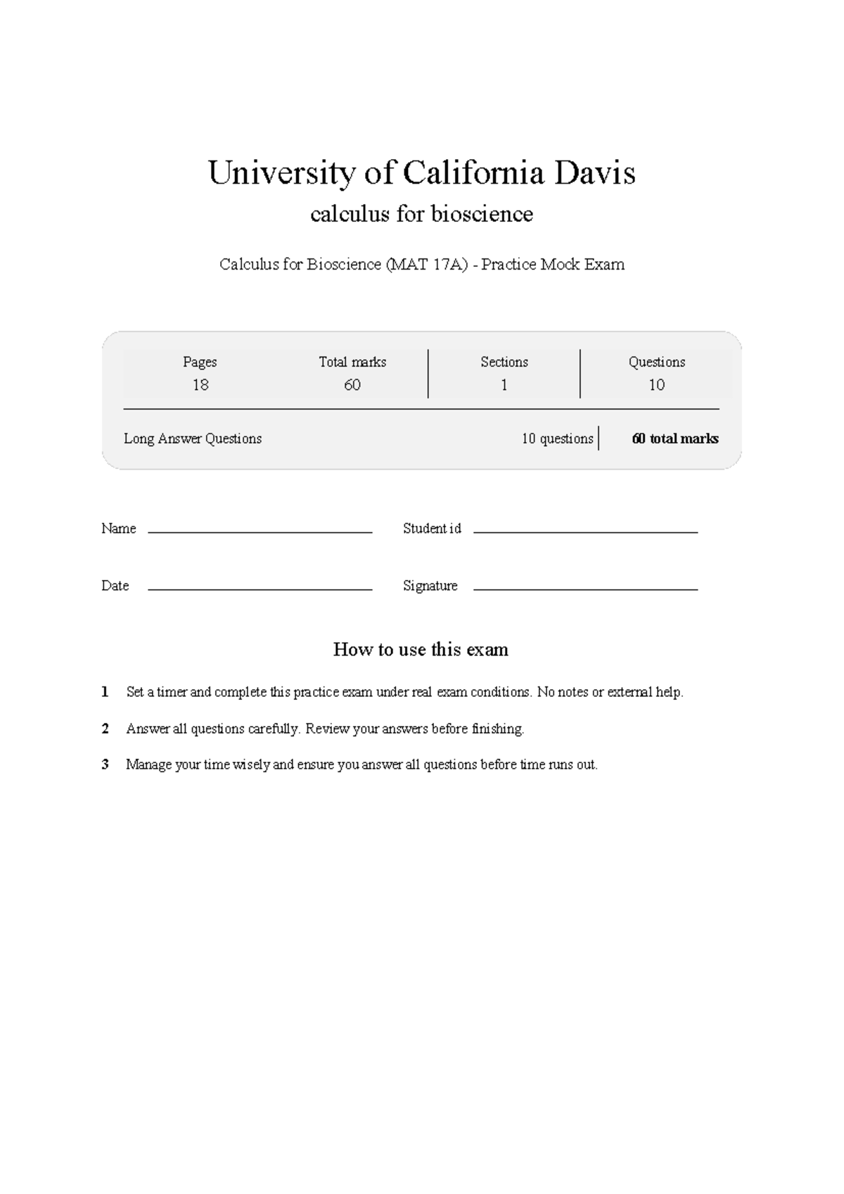 MAT 17A Calculus for Bioscience UC Davis Practice Mock Exam 2026 - Studocu