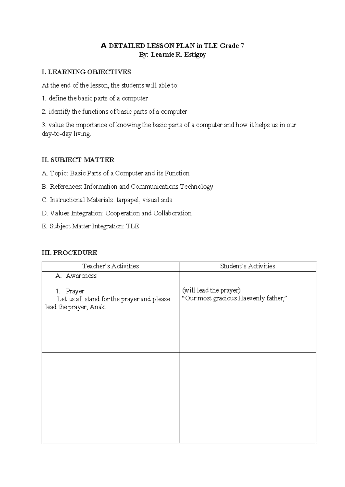 TLE Grade 7: Detailed Lesson Plan on Basic Computer Parts - Studocu