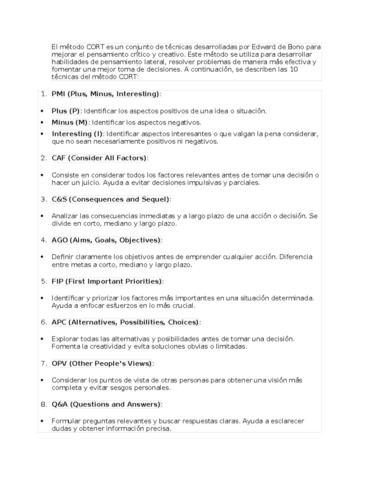 Técnicas del Método CORT de Edward de Bono: Mejora del Pensamiento ...