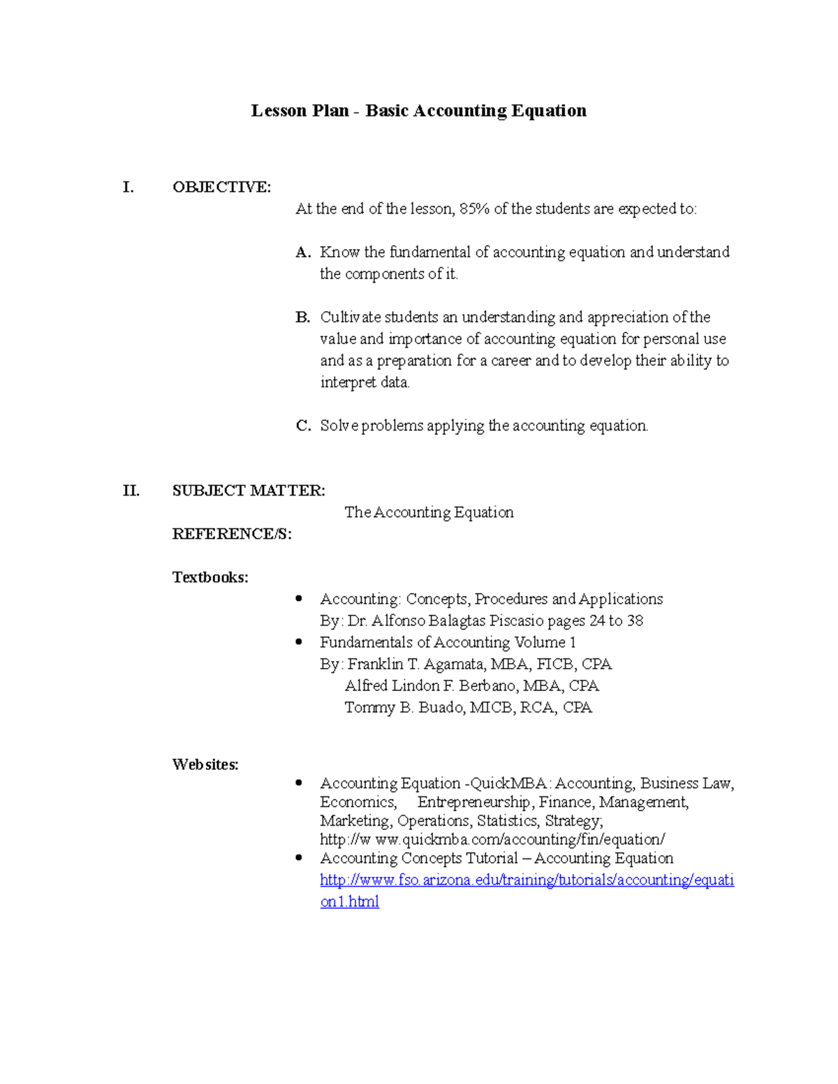 Lesson Plan: Understanding the Accounting Equation Basics - Studocu