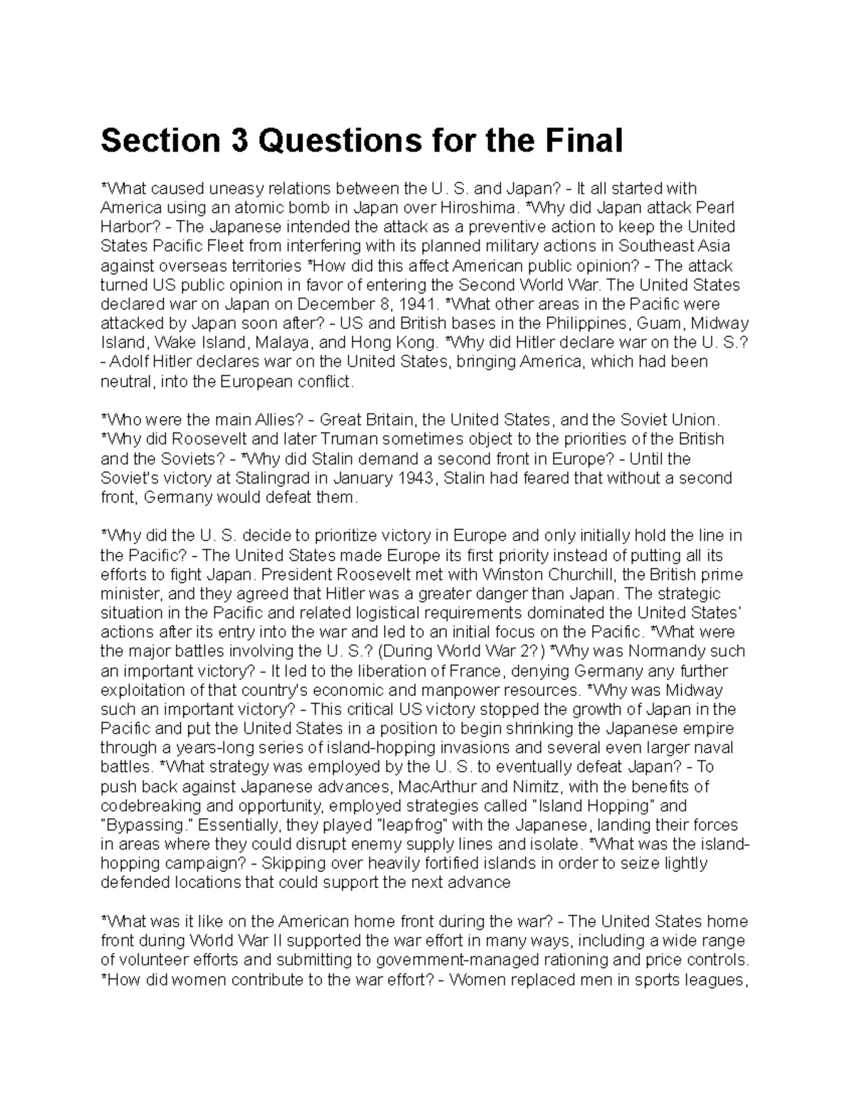 U.S. History Since 1877: Final Exam Section 3 Review Questions - Studocu