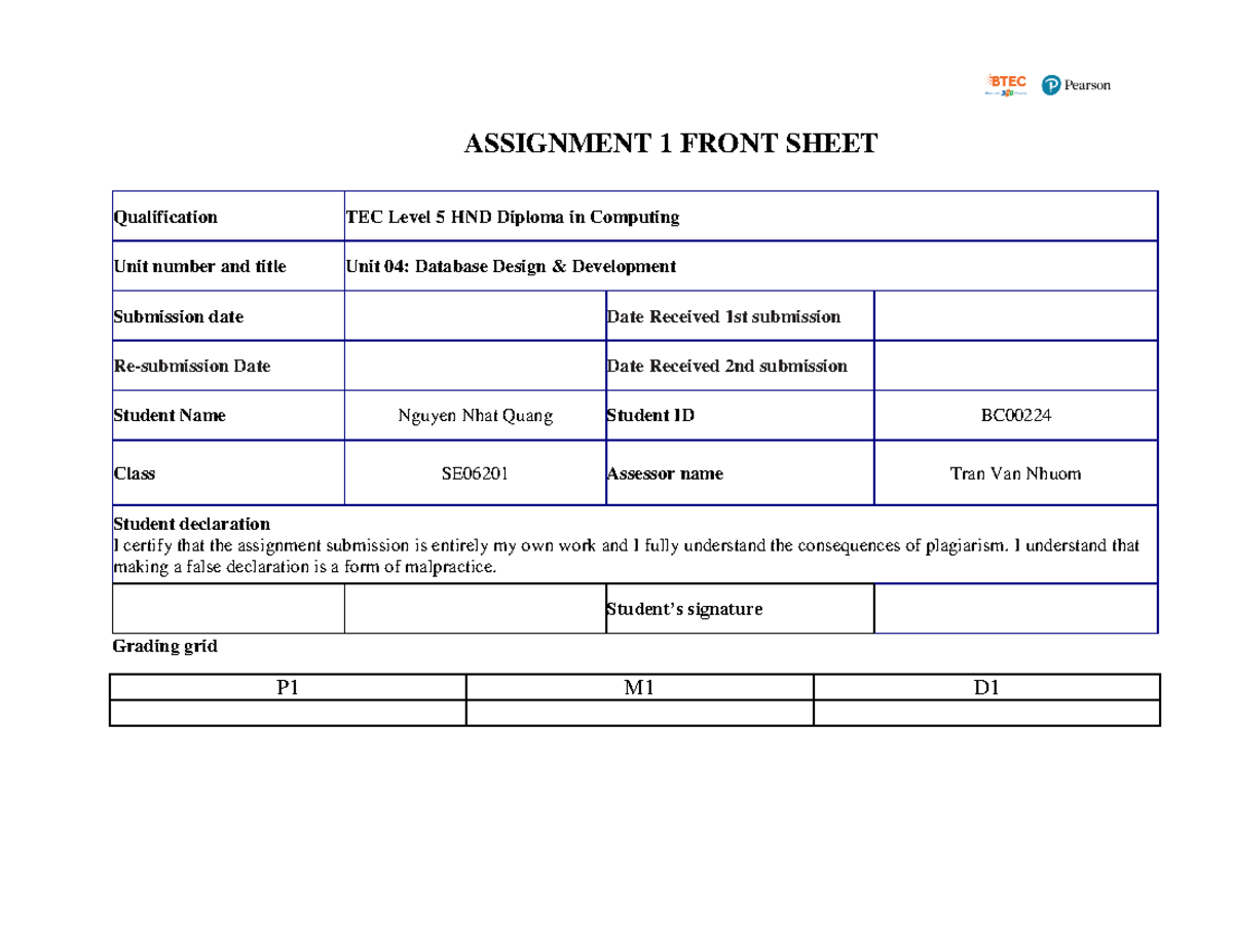 BC00224 Quangnn Assignment 1 - ASSIGNMENT 1 FRONT SHEET Qualification TEC Level 5 HND Diploma in ...