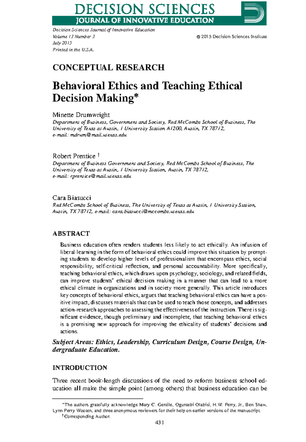 Behavioral Ethics in Education: Teaching Ethical Decision Making - Studocu