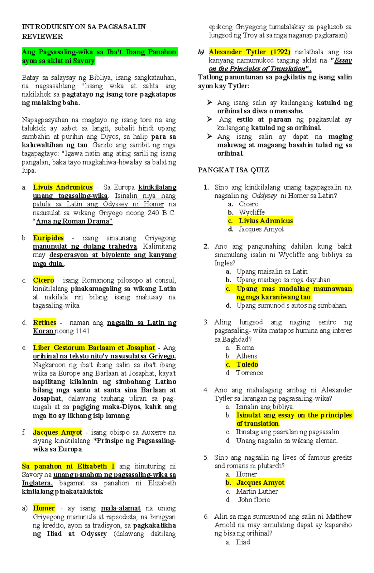 Introduksiyon sa Pagsasalin: Reviewer para sa Klaseng FIL101 - Studocu