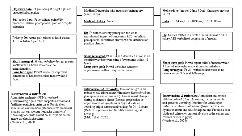 MCD Concept Map: Nursing Care for Mild TBI/Concussion - Studocu