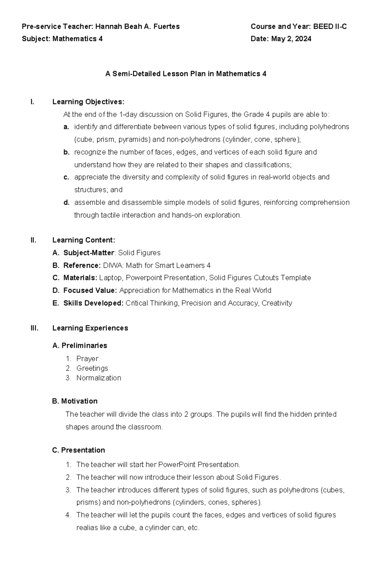 BEED II-C: Semi-Detailed Lesson Plan on Solid Figures for Math 4 - Studocu