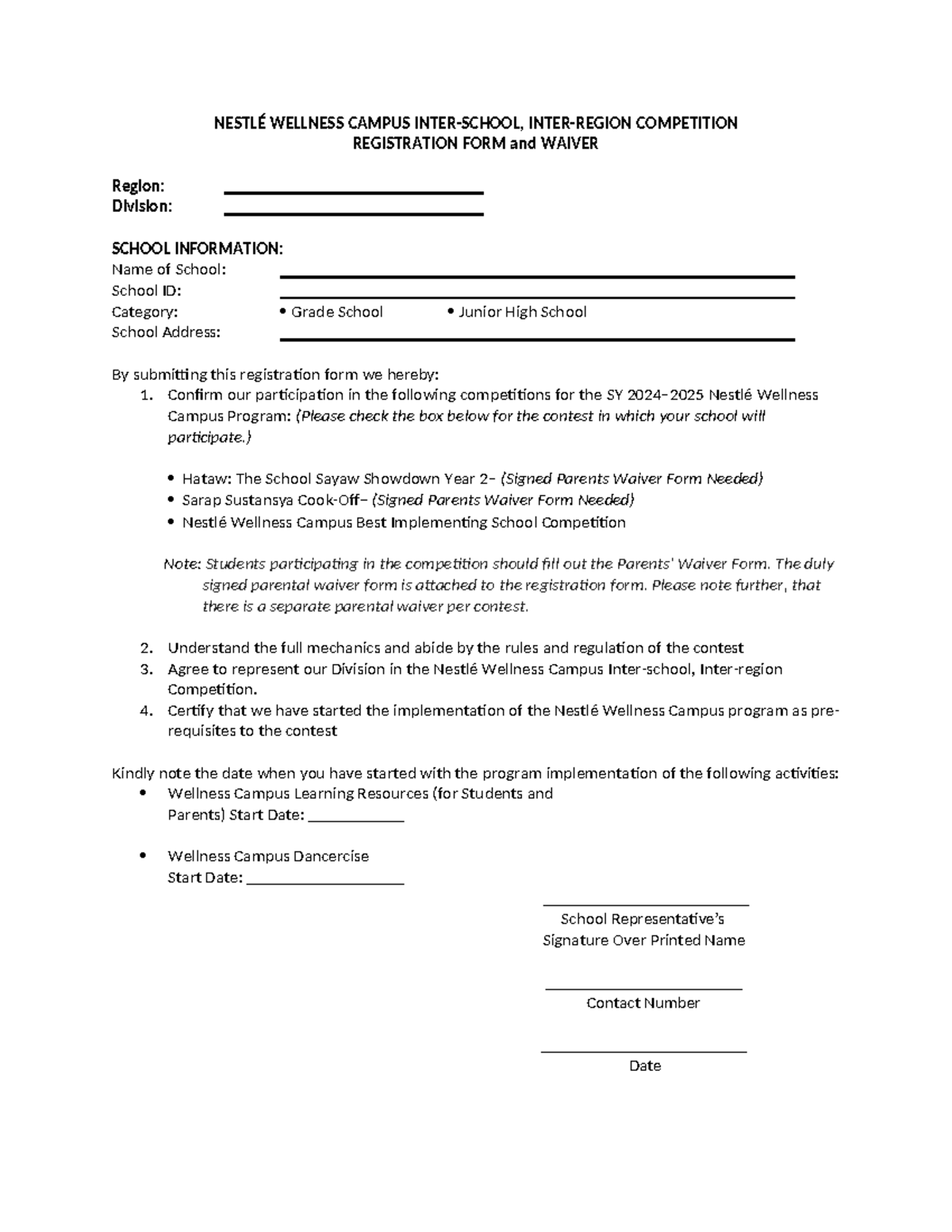 2024-NWC-Inter-School Competition Registration Form and Waiver - Studocu