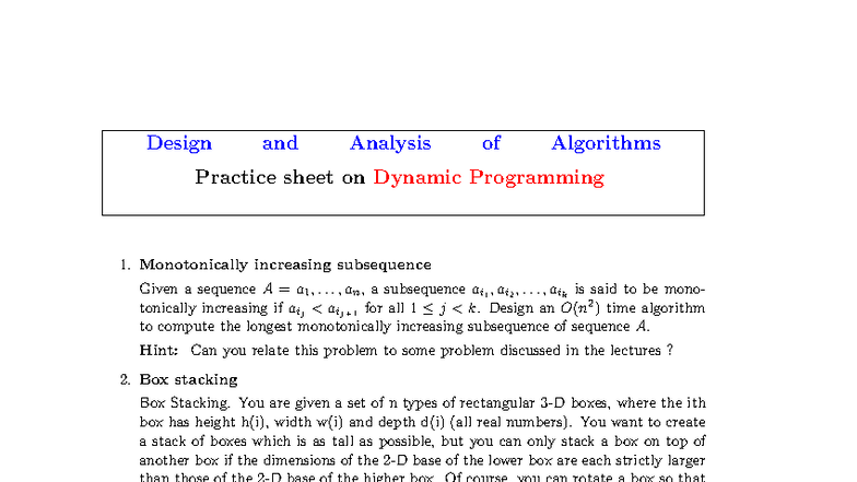 Dynamic Programming Practice Sheet: Algorithms & Techniques - Studocu