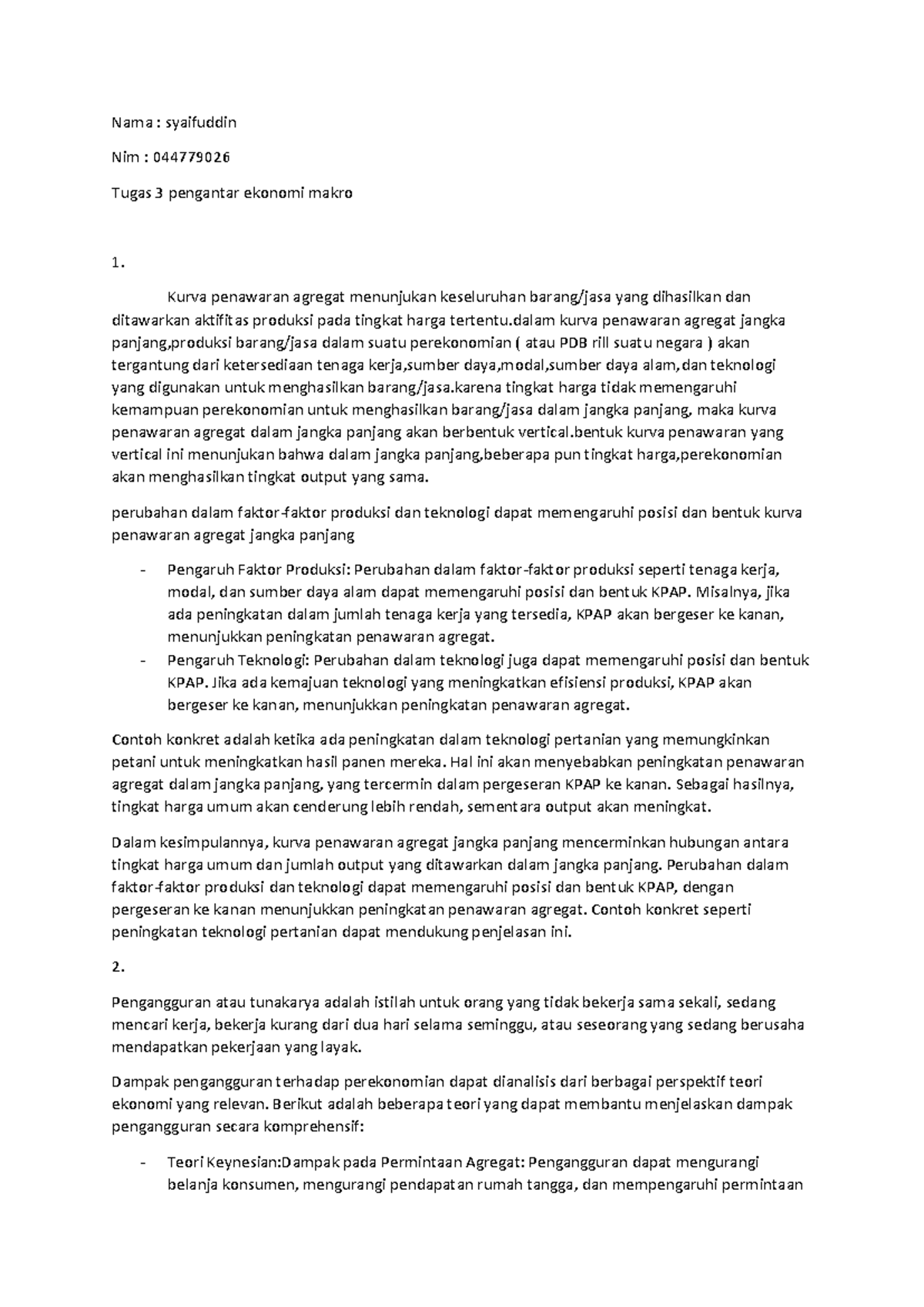 Tugas 3 - Pengantar Ekonomi Makro: Kurva Penawaran dan Pengangguran - Studocu