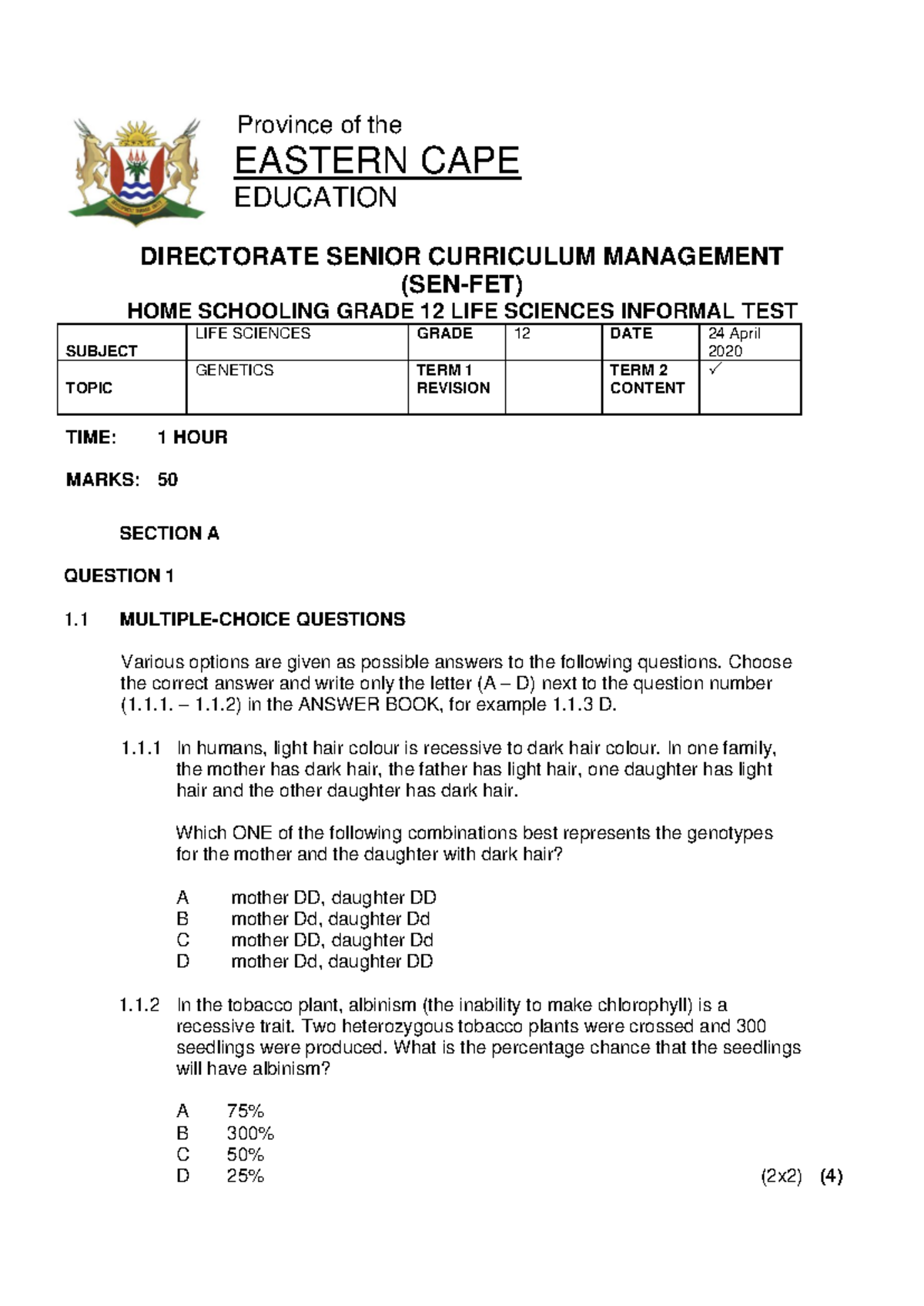 Lifesci 12 Informal Test on Genetics - Revision & MCQs - Studocu