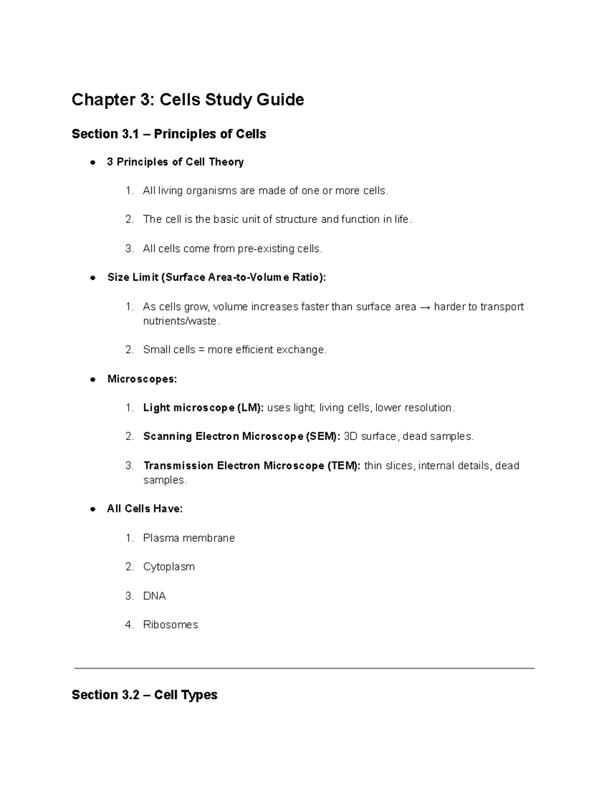 Chapter 3: Cells Study Guide for BIO 101 - Key Concepts & Comparisons ...