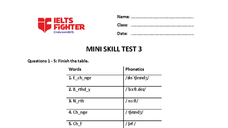 Mini Skill Test 3 - Vocabulary & Grammar Practice - Studocu