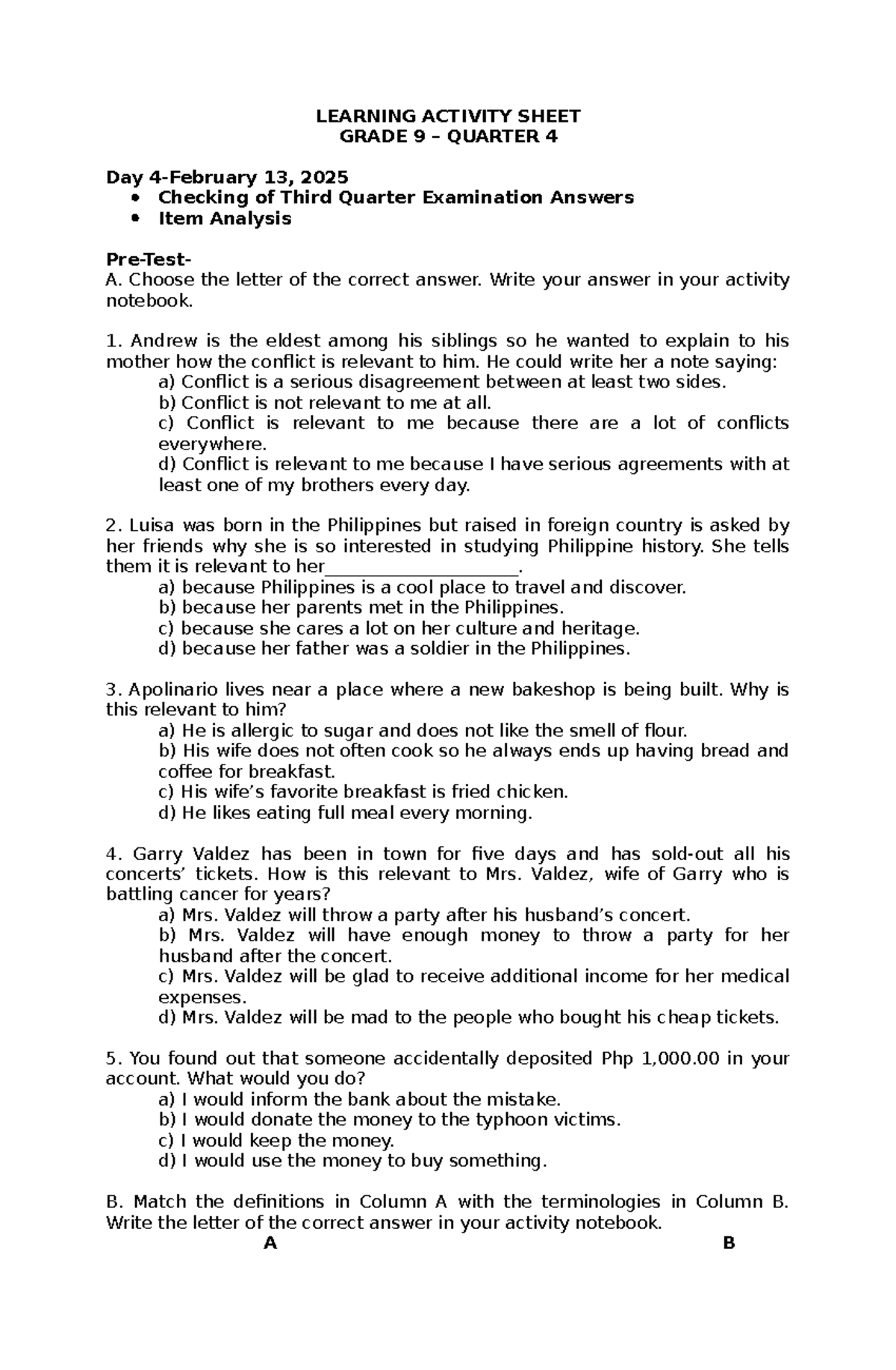 LEARNING ACTIVITY SHEET GRADE 9 QUARTER 4 - Day 13 Analysis ...
