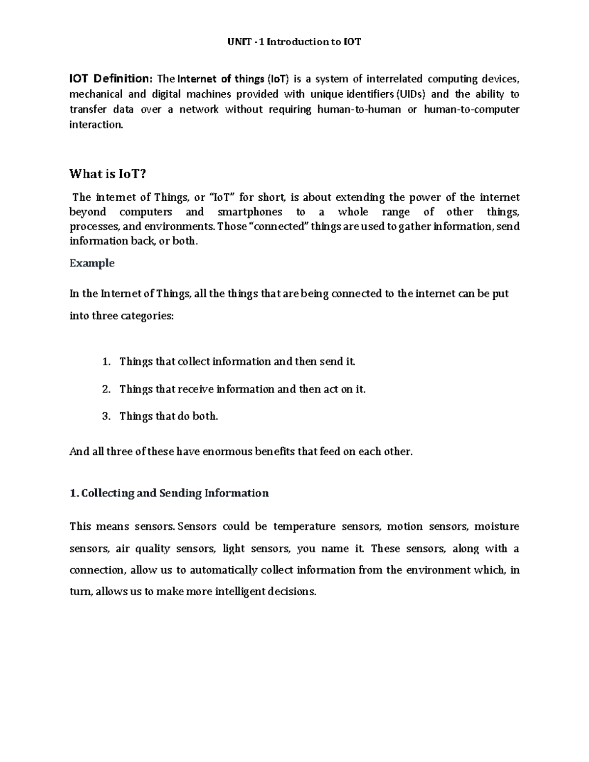IOT Unit 1 Notes - IOT Definition: The Internet of things (IoT) is a ...