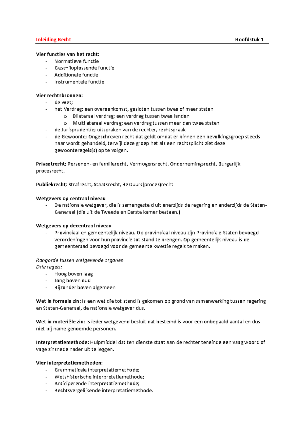Samenvatting Inleiding Recht Hoofdstuk 1 en 8 - Studeersnel