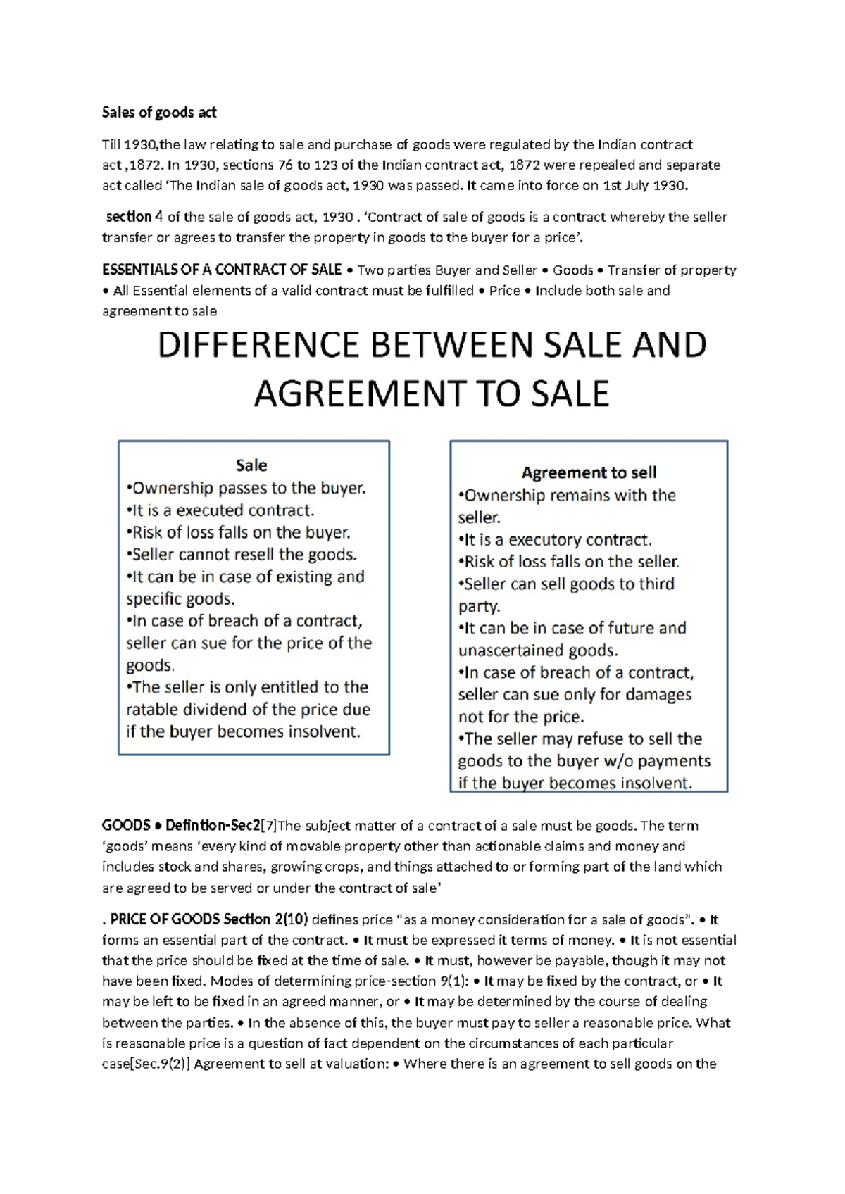 Sales of goods act - Notes - Sales of goods act Till 1930,the law ...
