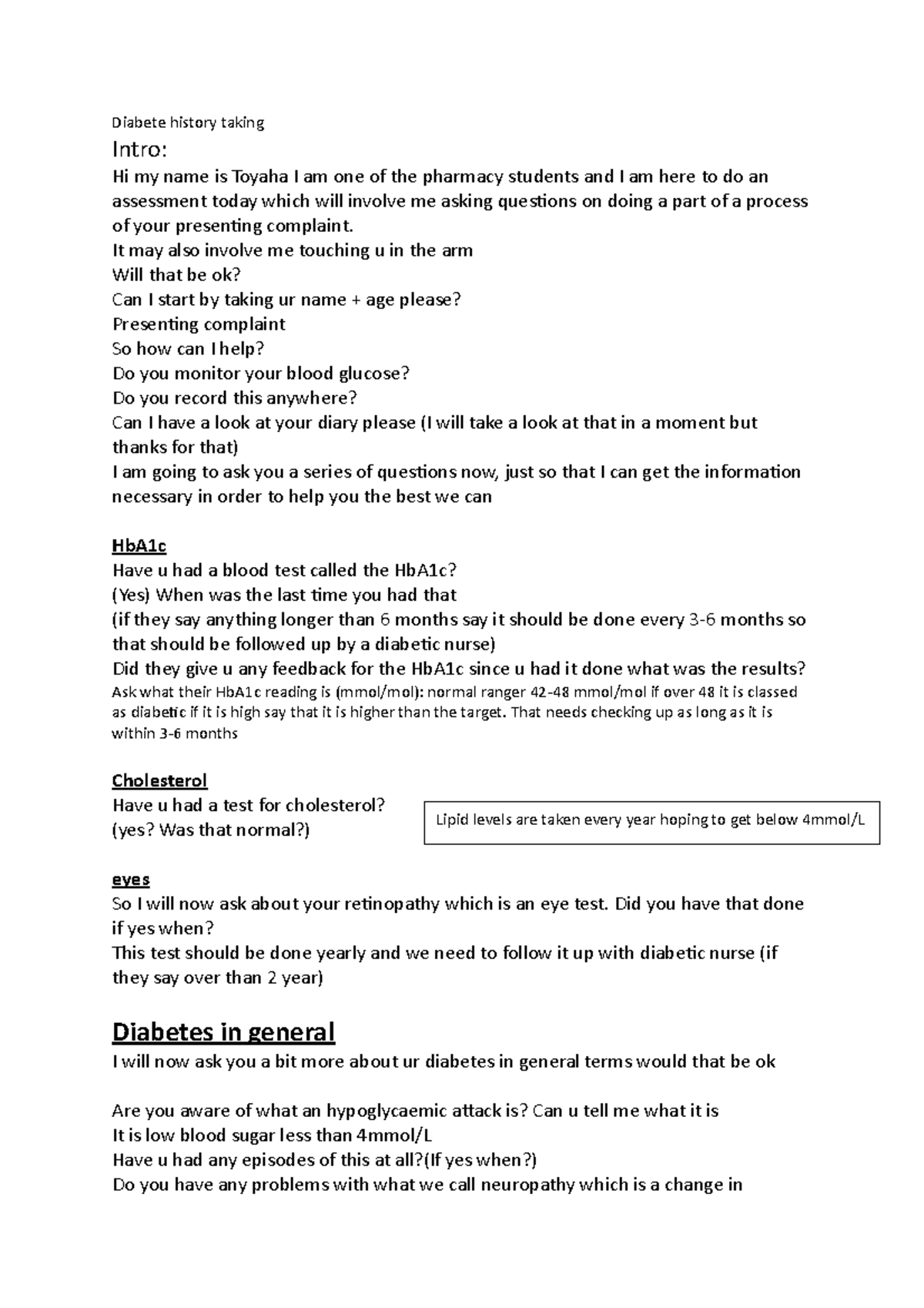 Diabetes History Taking Assessment: Key Questions & Guidelines - Studocu
