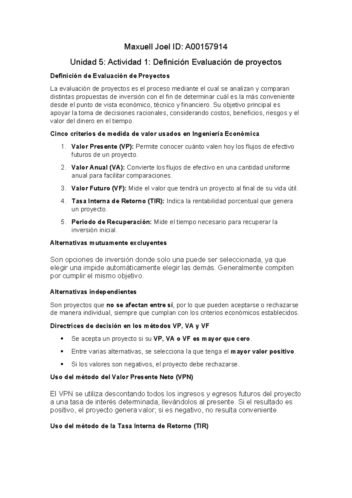 Unidad 5: Actividad 1 - Definición y Evaluación de Proyectos - Studocu