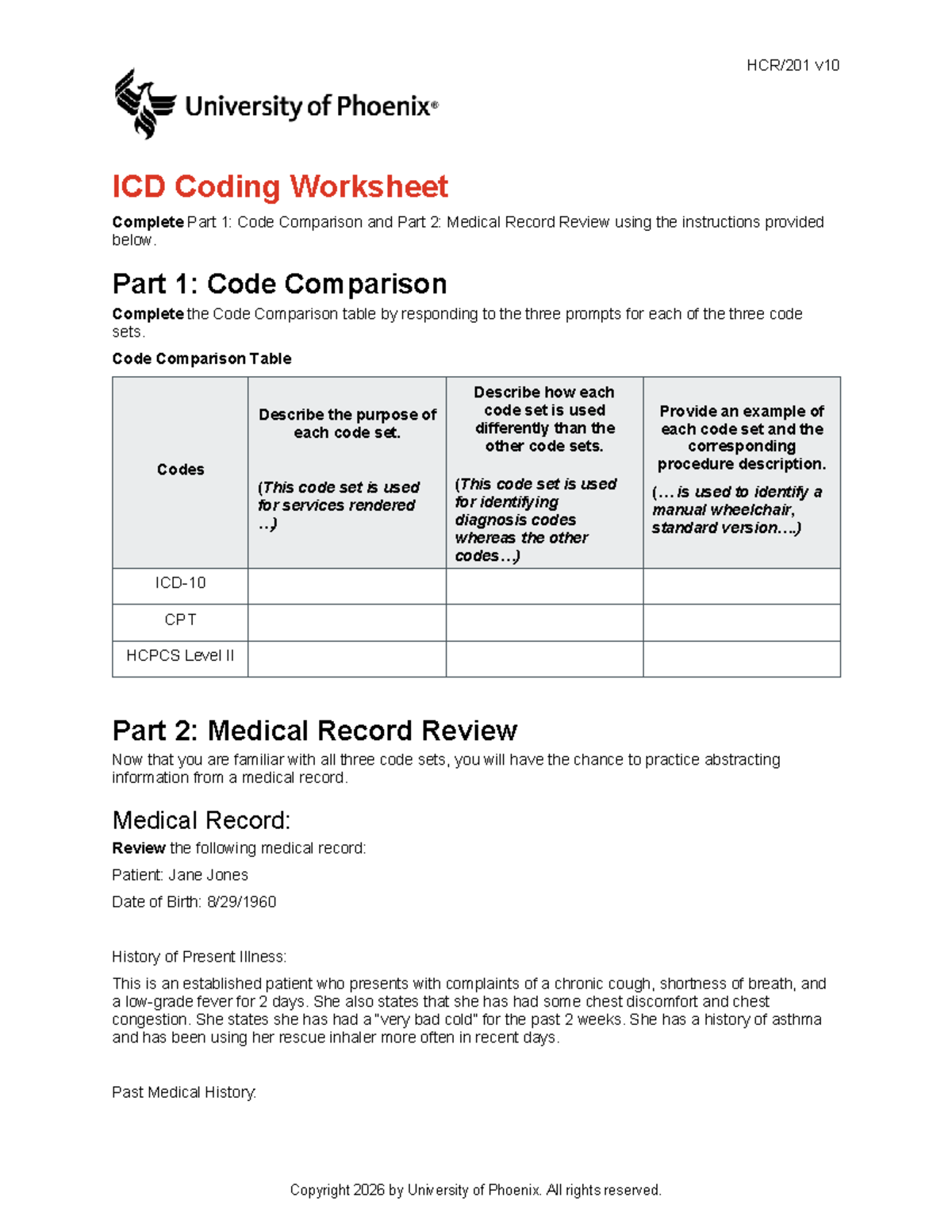 HCR201 v10 ICD Coding Worksheet: Code Comparison & Med Record Review ...