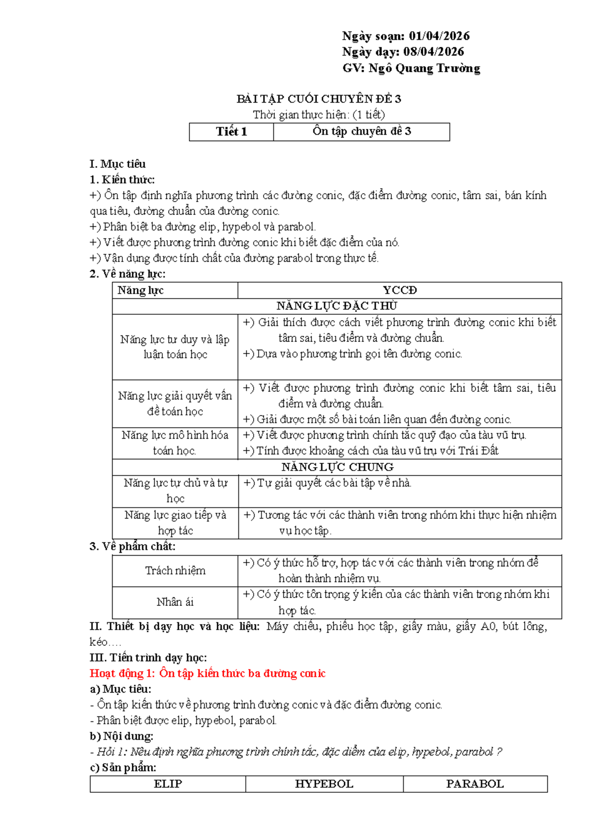 BÀI TẬP CUỐI CHUYÊN ĐỀ 3 - Đường Conic và Ứng Dụng - Studocu