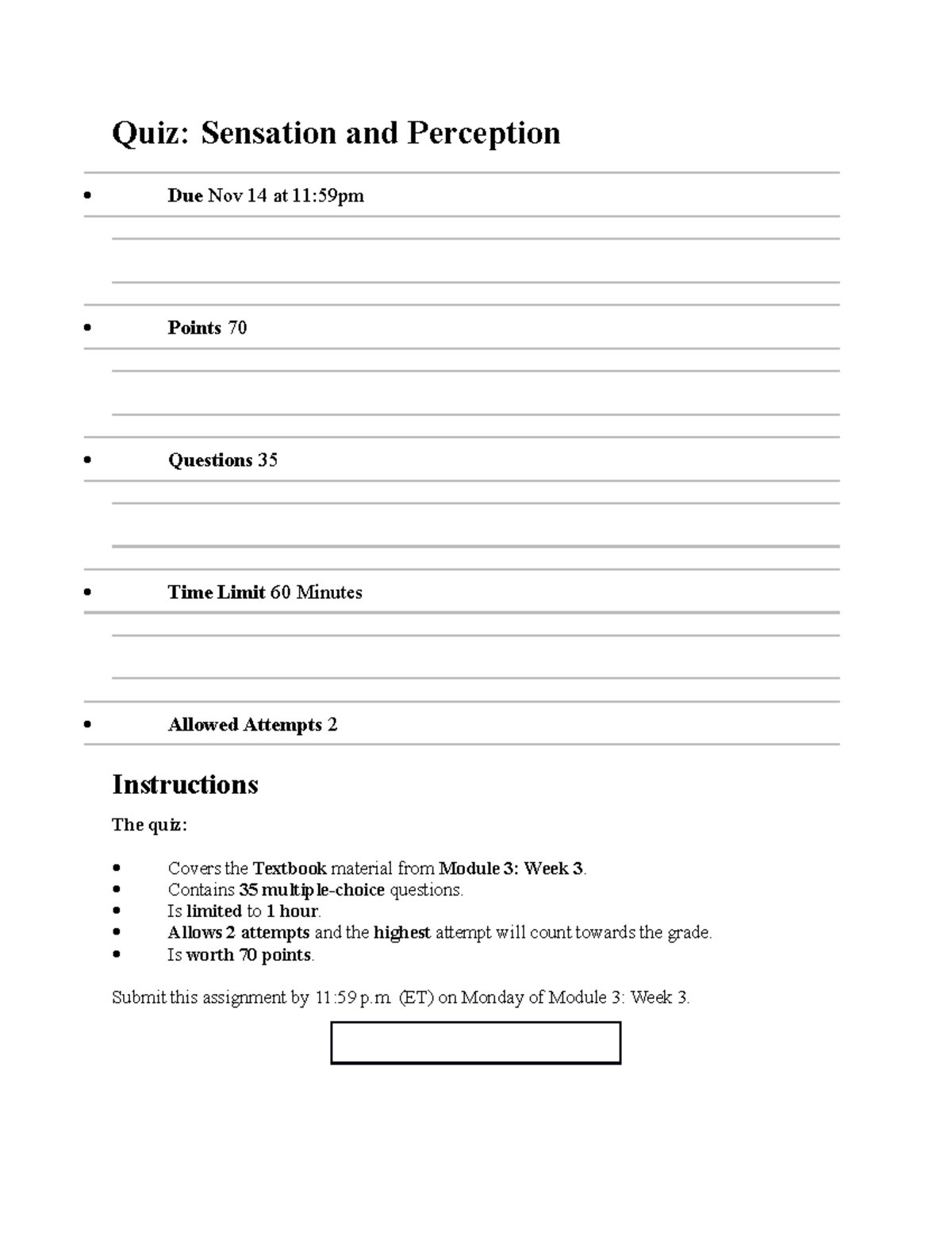 Psyc101 Quiz 3: Exploring Sensation and Perception Concepts - Studocu