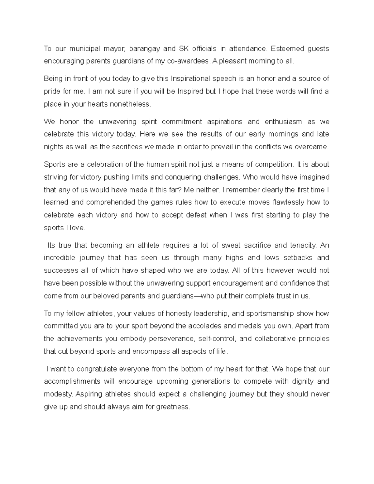 Inspirational Speech 103721 - Script for Awards Ceremony - Studocu