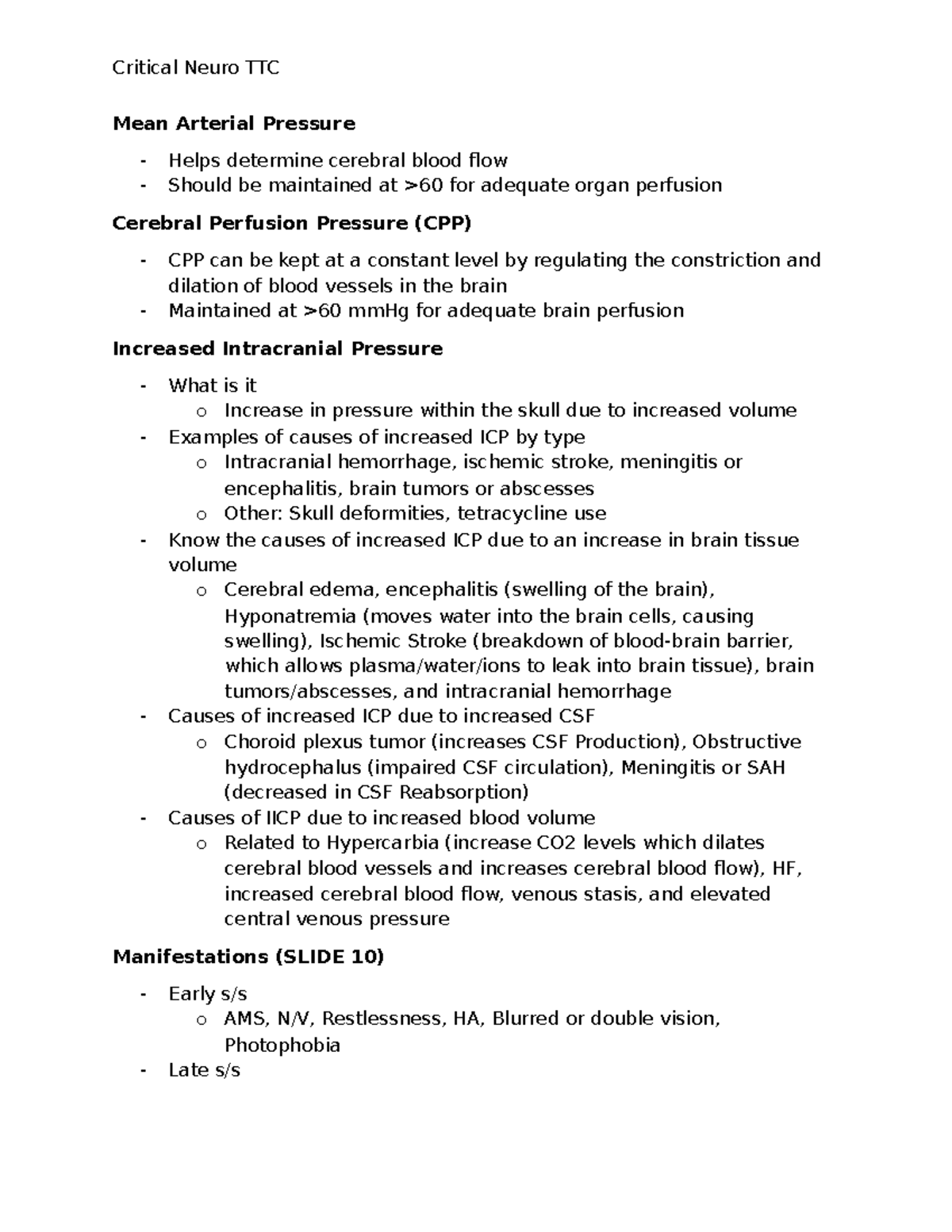 Critical Neuro TTC: Assessment & Management of ICP and TBI - Studocu