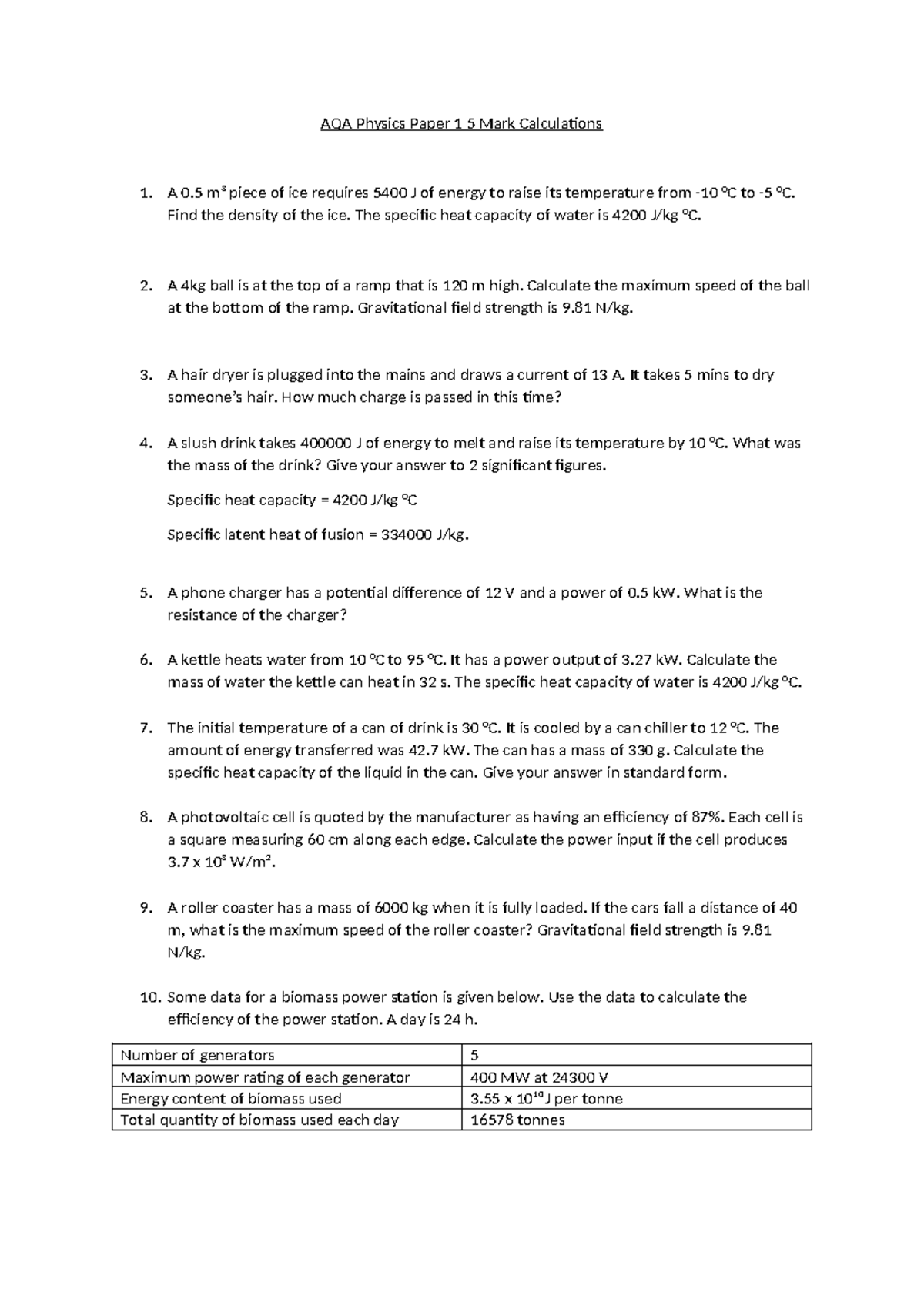 AQA Physics Paper 1: 5 Mark Calculation Problems and Solutions - Studocu