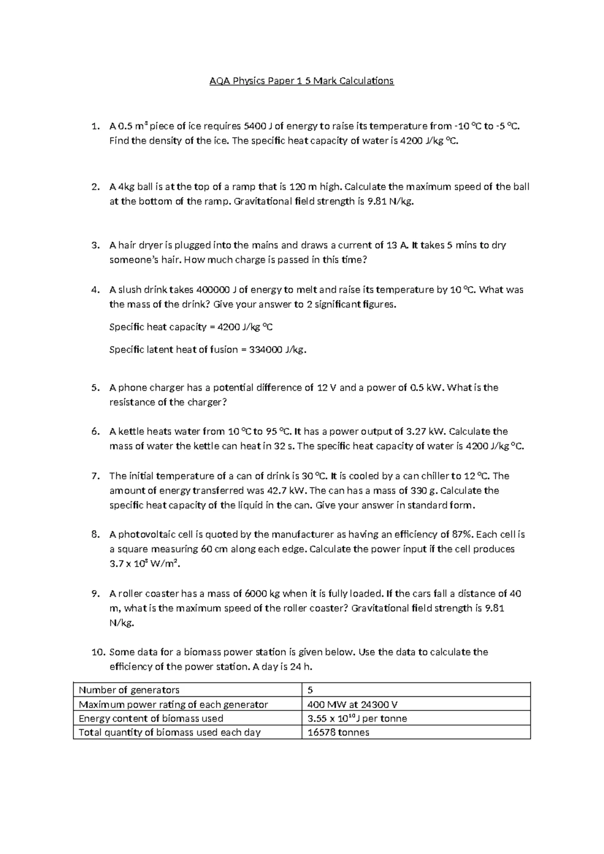 AQA Physics 1H 6 Mark Questions: Energy Generation & Density Analysis - Studocu
