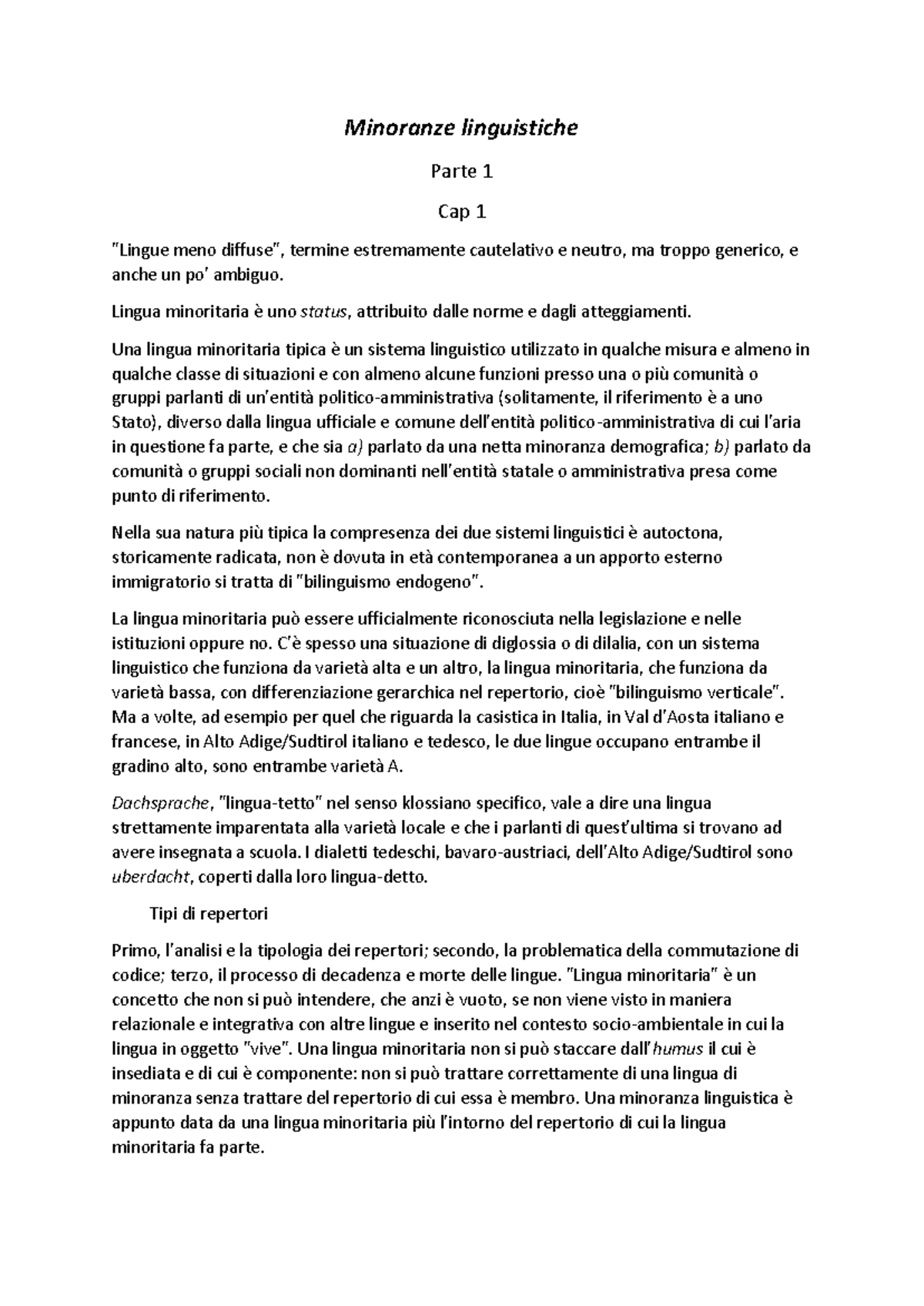 Riassunto Minoranze linguistiche - Minoranze linguistiche Parte 1 Cap 1 ...