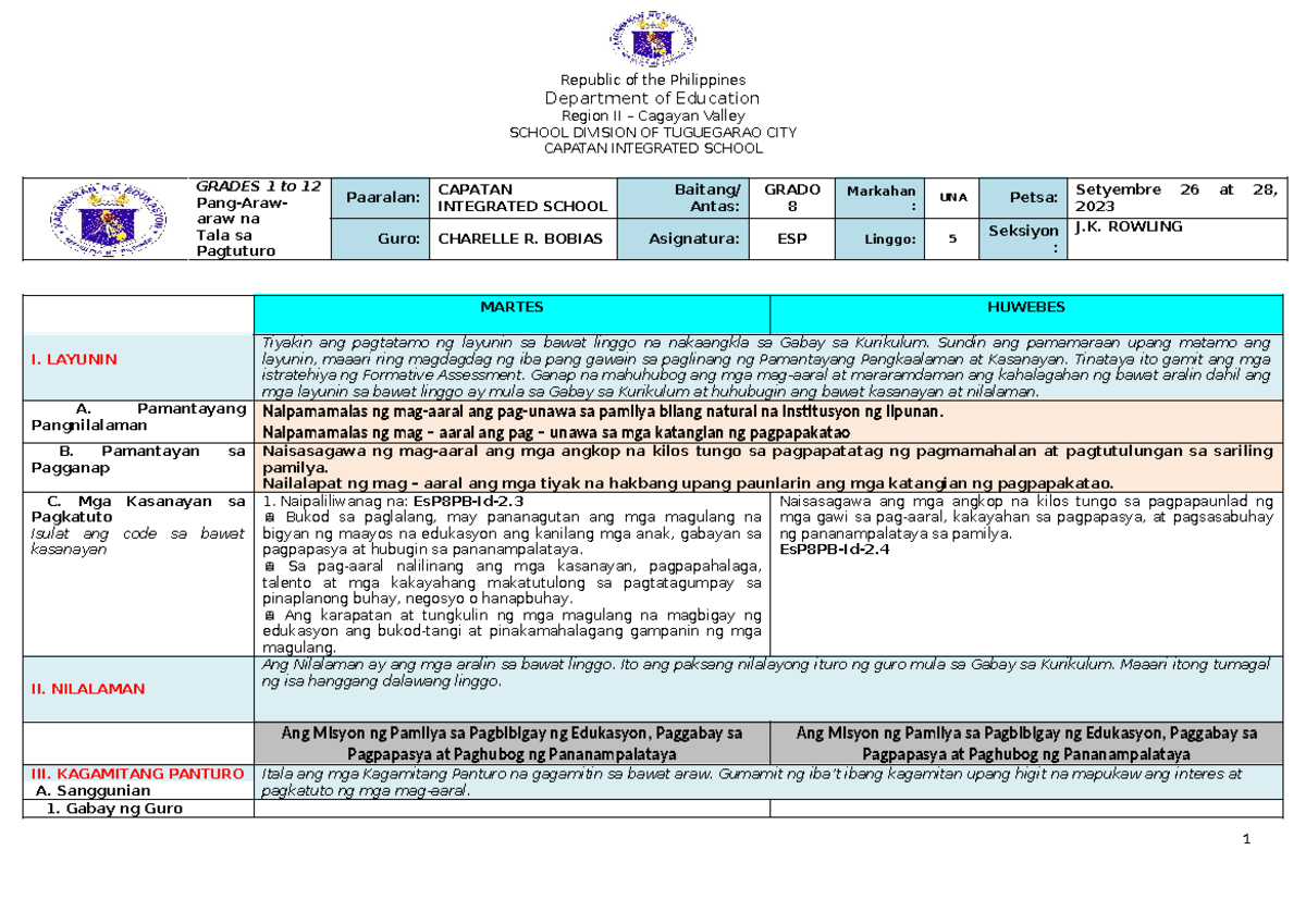 ESP8 - Week 5 Lesson Plan: Family as an Educational Institution - Studocu