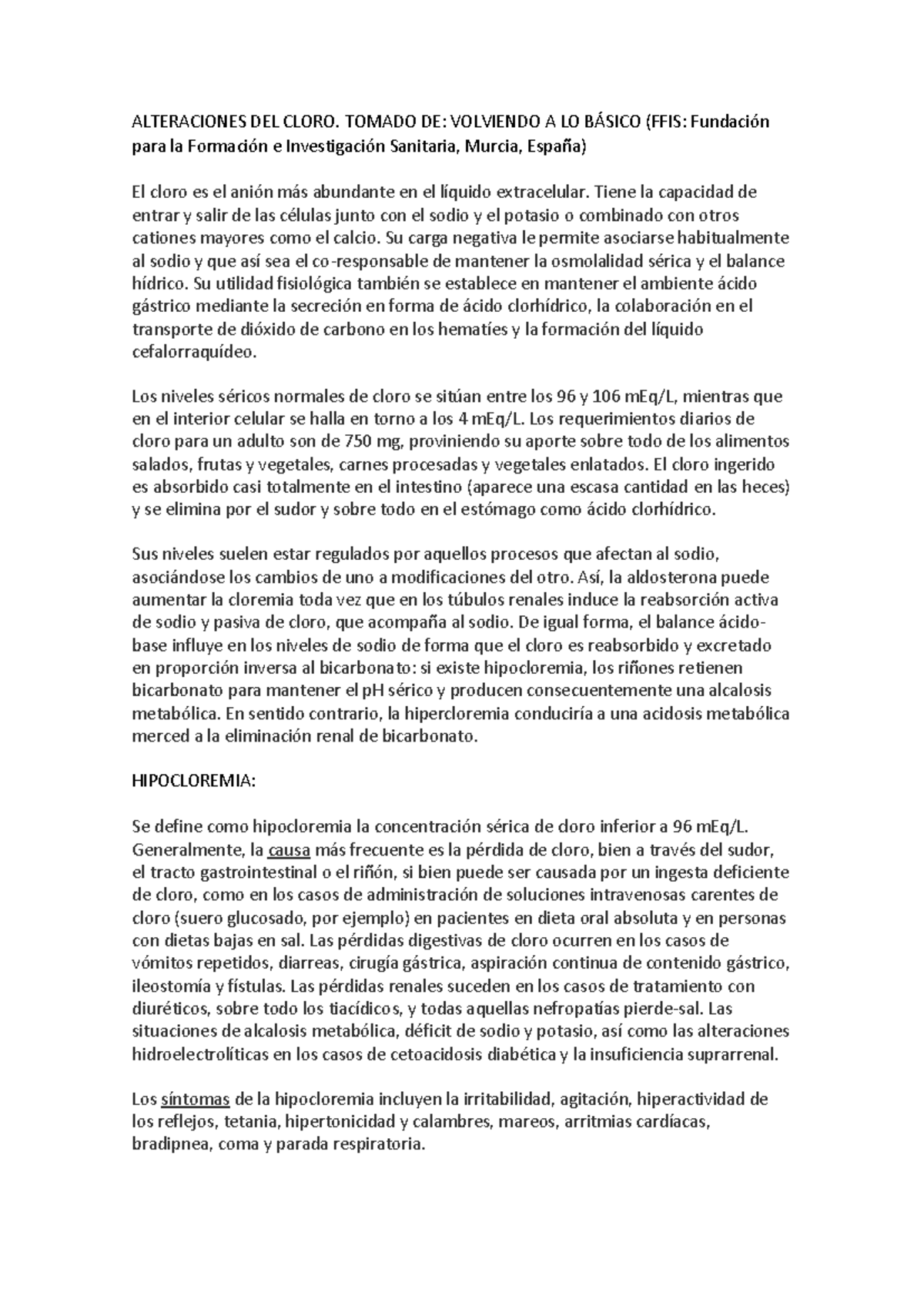 Alteraciones del Cloro: Hipercloremia e Hipocloremia (FFIS) - Studocu