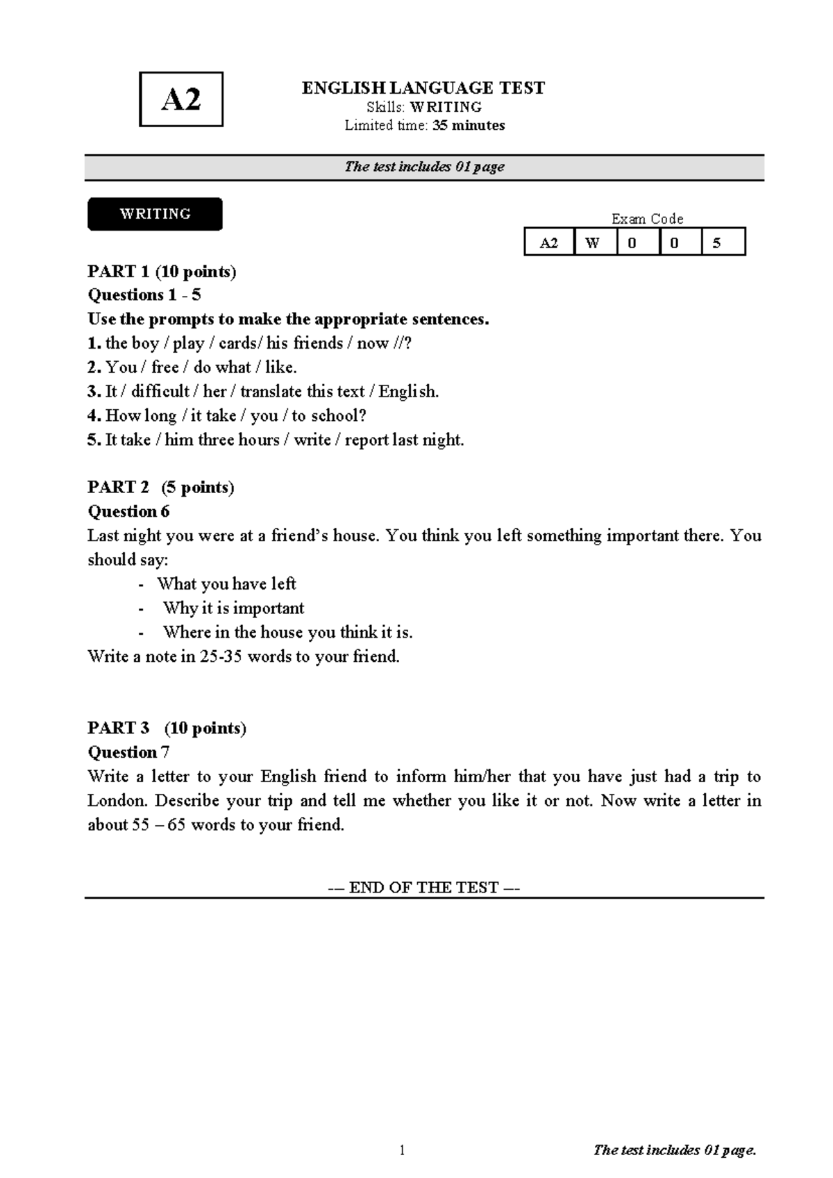 A2 English Language Test: Writing Exam Code A2 W 0 0 5 - Studocu