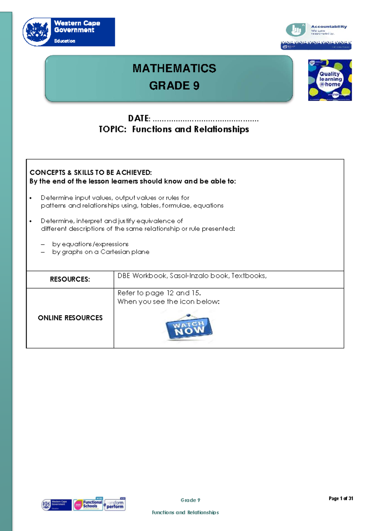 Lesson Plan Gr 9 Mathematics Term 3 Week 1: Functions & Relationships ...