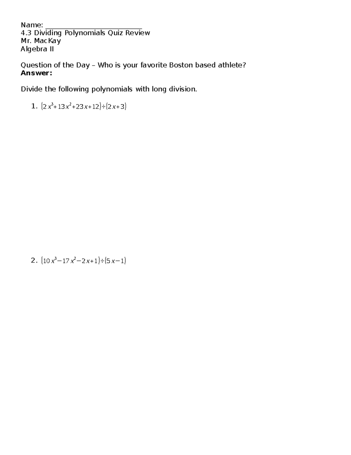 Algebra II 4.3 Dividing Polynomials Quiz Review & Practice Problems ...