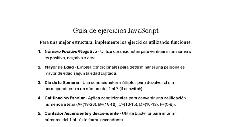 Lenguaje 2: Guía de Ejercicios de JavaScript y Funciones - Studocu