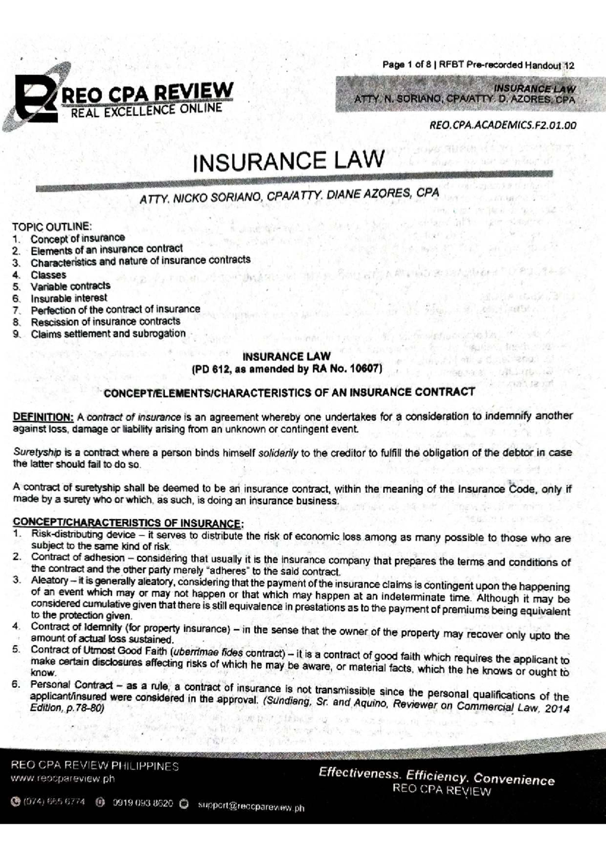 REO CPA REVIEW: Comprehensive Guide to Insurance Law Concepts - Studocu