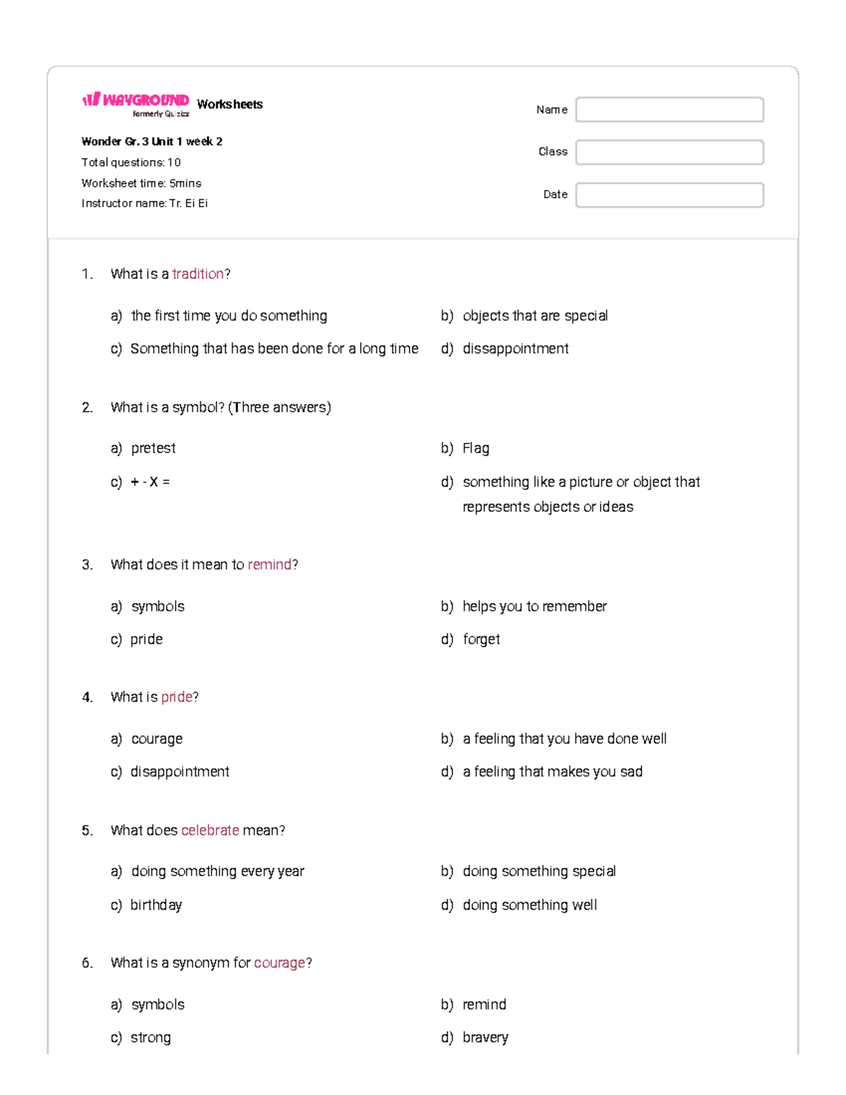 Wonder Gr. 3 Unit 1 Week 2 Worksheets & Questions - Studocu