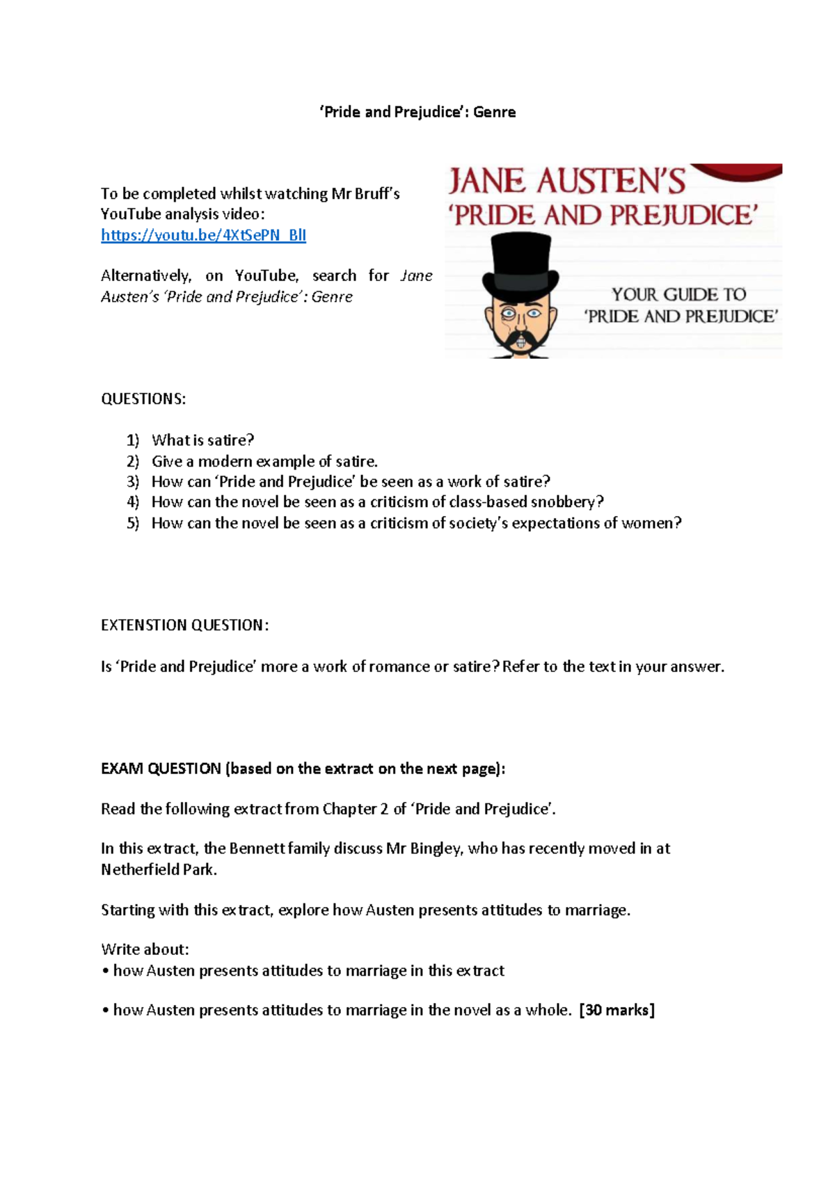 Pride and Prejudice (ENG 101) Study Worksheets: Themes, Characters, and ...