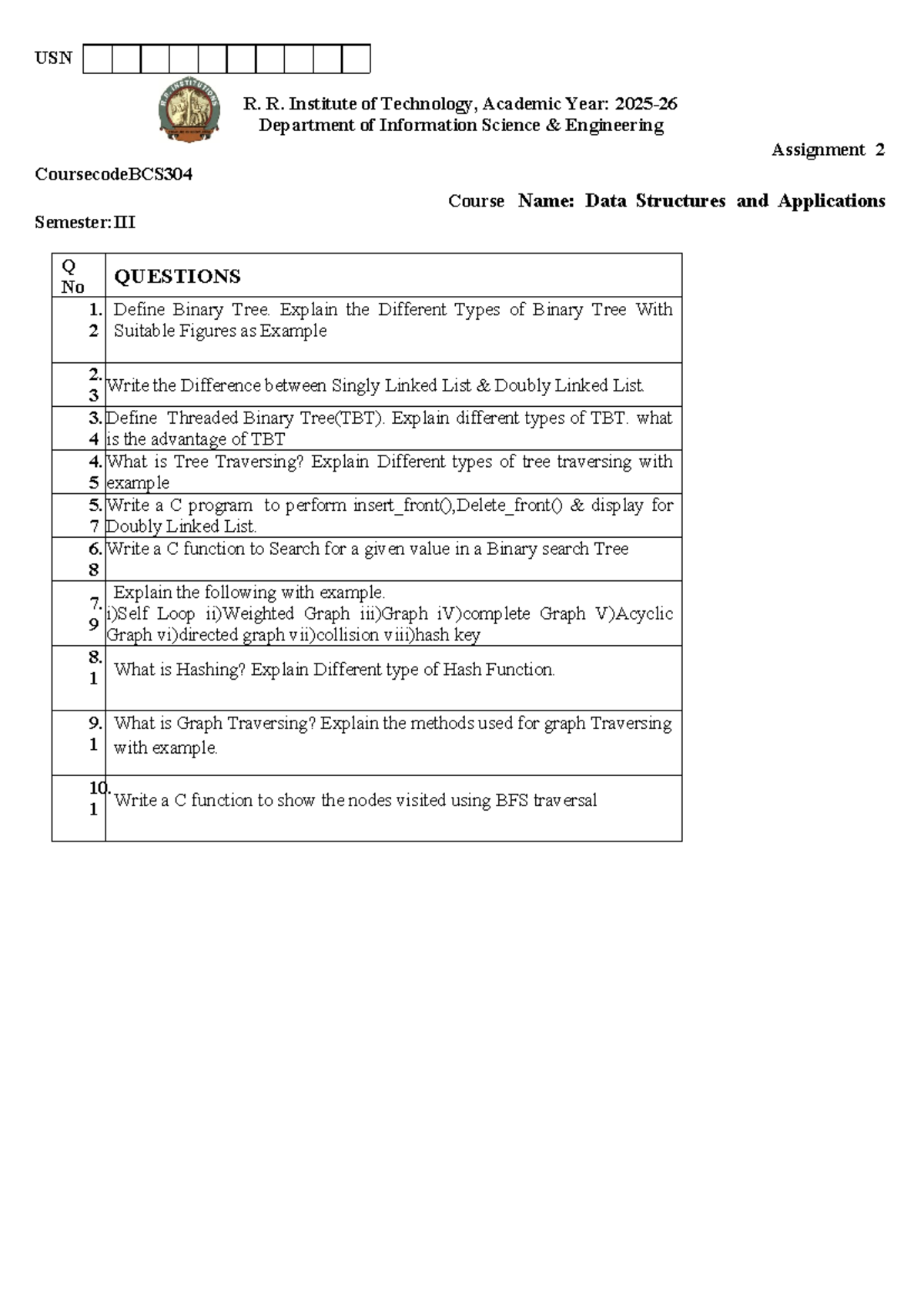 BCS304 Assignment 2 - Data Structures and Applications - Studocu