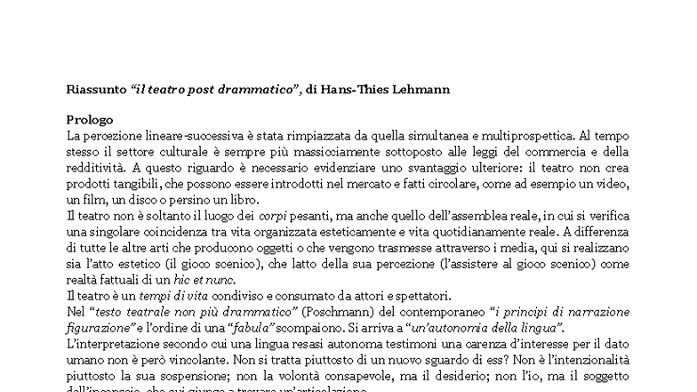 *Riassunto di "Il Teatro Postdrammatico" di Hans-Thies Lehmann* - Studocu