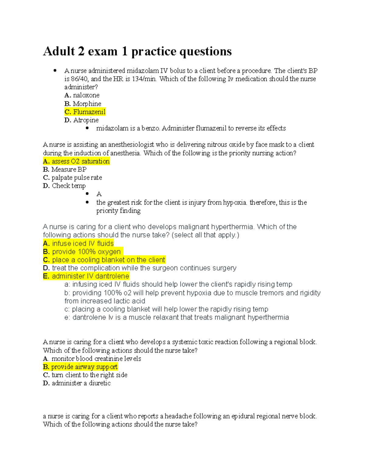 Adult 2 Exam 1 Practice Questions: Key Nursing Scenarios and Actions ...