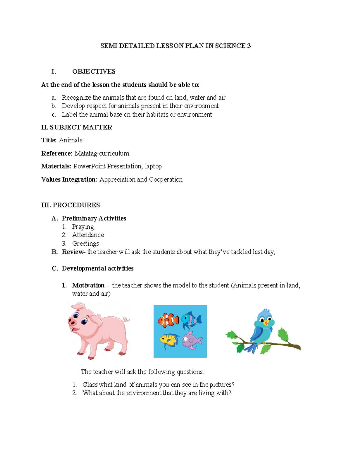 Semi-Detailed Lesson Plan in Science 3: Animals & Their Habitats - Studocu
