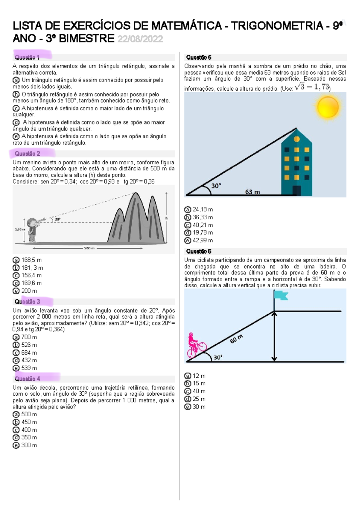 Lista de Exercícios - Trigonometria - 9º Ano - 3º Bimestre - Studocu