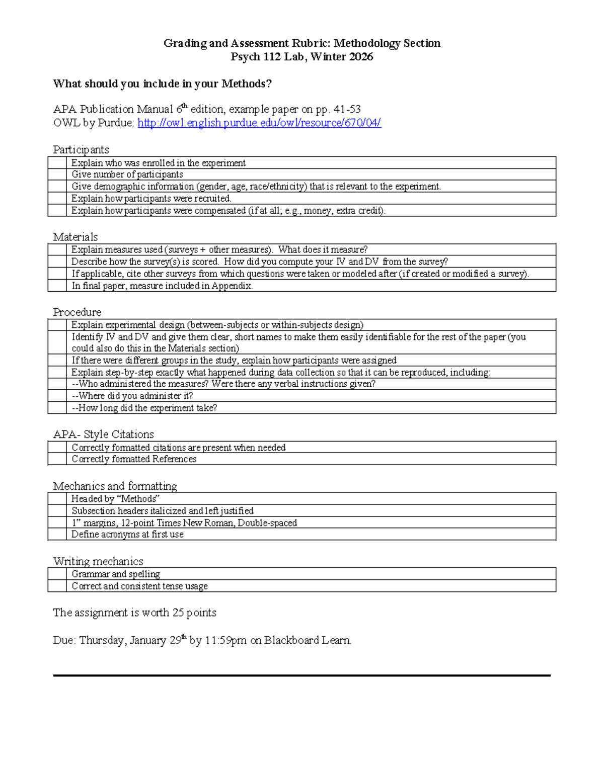 Methods Rubric for Psych 112 Lab Assessment, Winter 2026 - Studocu