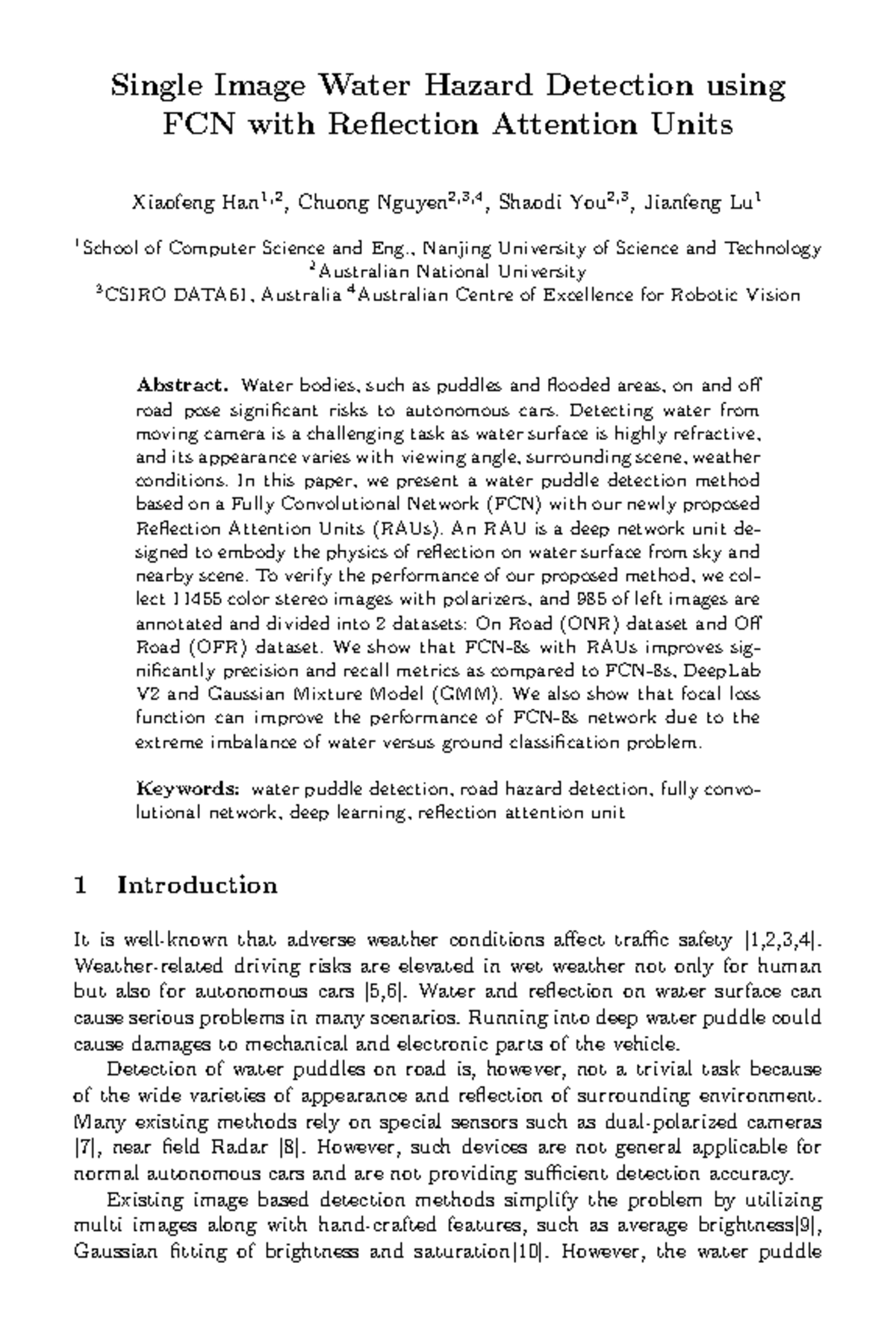 Single Image Water Hazard Detection using FCN with Reflection Attention ...