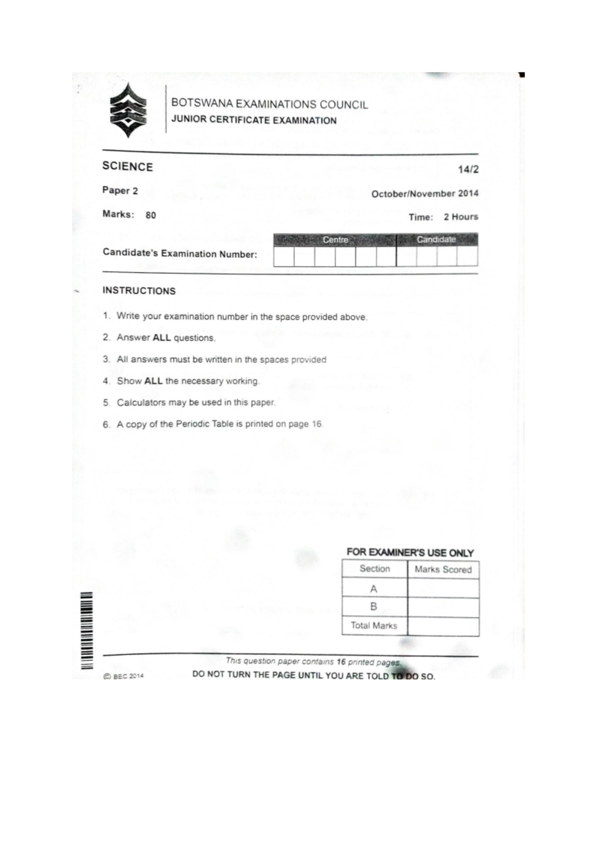 JCE Science Exam Paper 2 - Botswana 2014 (Marks: 80) - Studocu