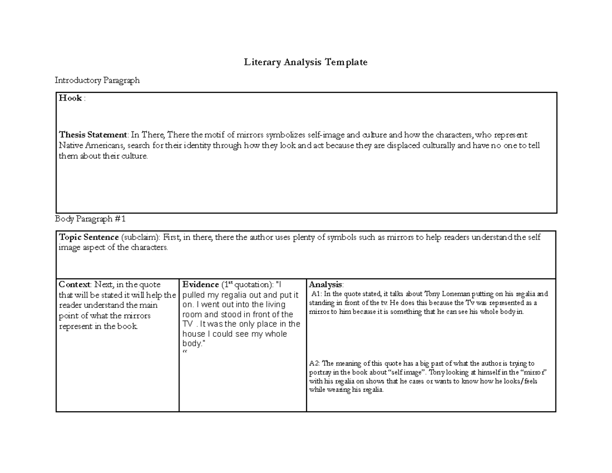 Literary Analysis Template: Exploring Mirrors in "There, There" (ENG ...