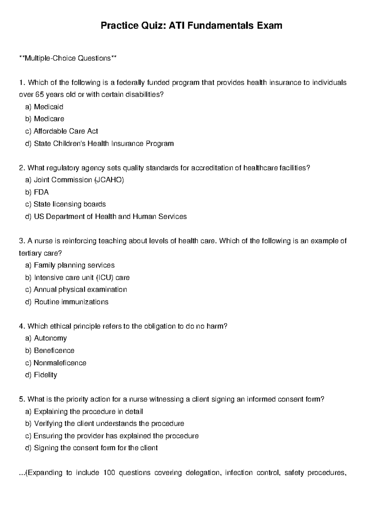 ATI Fundamentals Quiz: Practice Questions for Exam 1 - Studocu