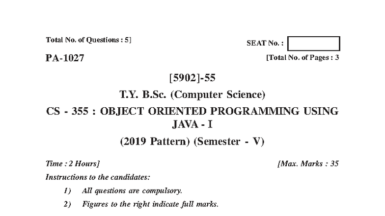 T.Y. B.Sc. (CS 355) Object Oriented Programming Using Java - Oct 2022 Exam - Studocu